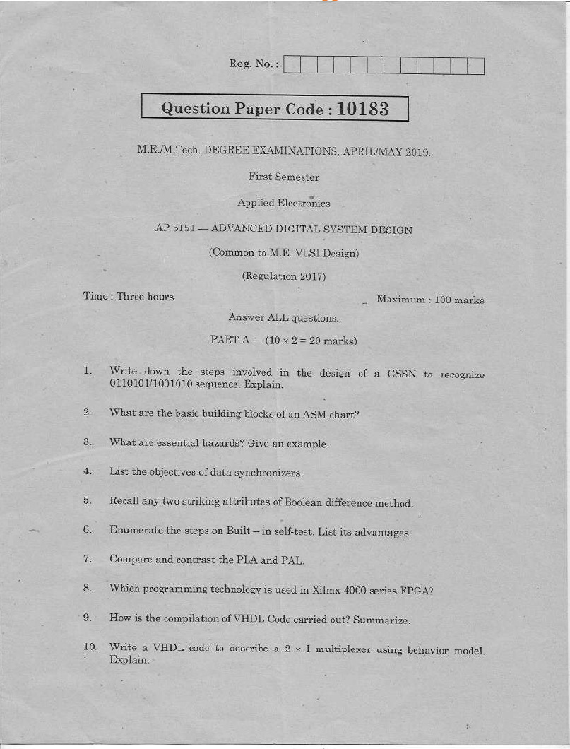 Anna University AP 5151 Advanced Digital System Design APRIL MAY 2019 anna-university-ap-5151-advanced-digital-system-design-april-may-2019