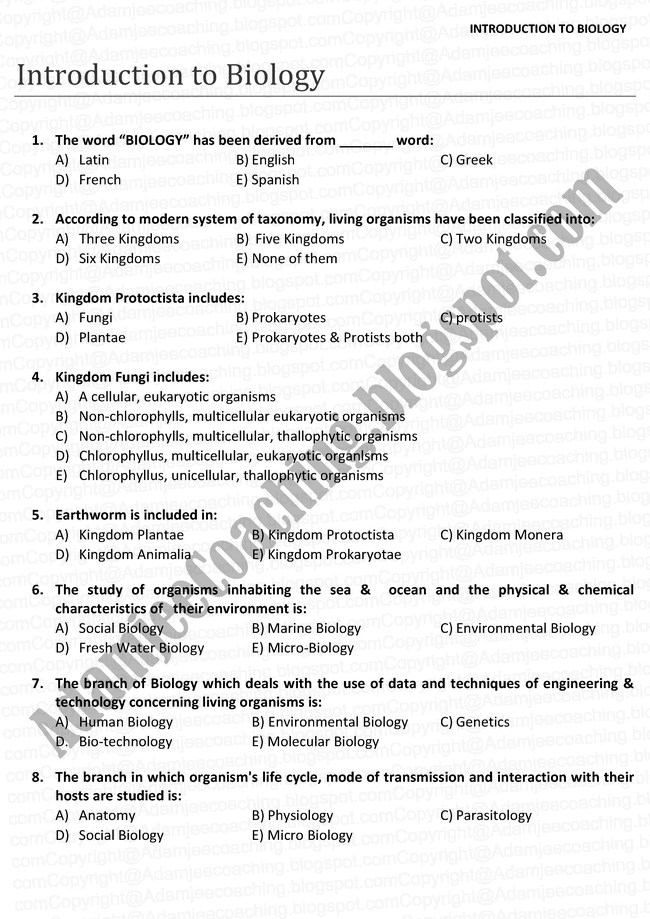 Adamjee Coaching: Biology Mcqs XI - Introduction to Biology Mcqs