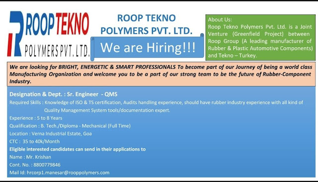 ROOP TEKNO POLYMERS - Hiring Engineer - Lab Tech. / Production ...