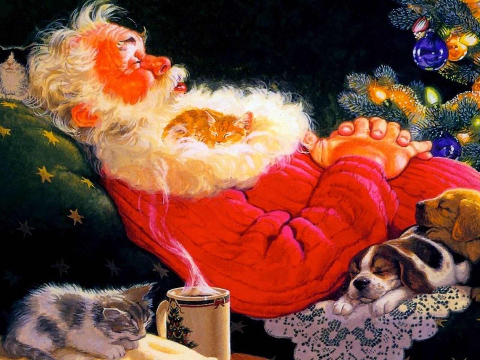 Djed Mraz spava pokraj Božićne jelke ~ 1600x1200 Pozadine za desktop