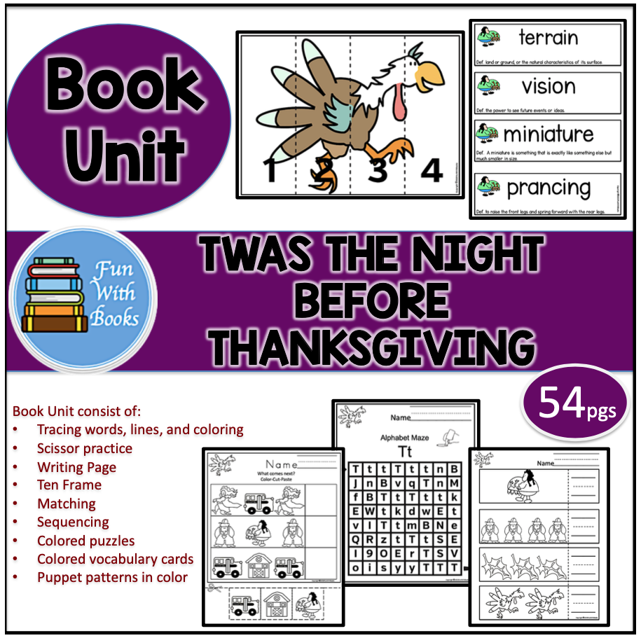 TWAS THE NIGHT BEFORE THANKSGIVING BOOK UNIT ~ Book Units by Lynn