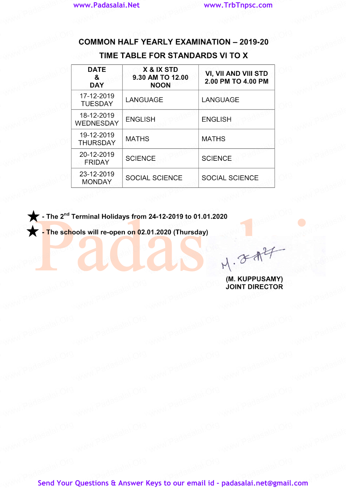 Half Yearly Exam Time Table for 10th, 11th, 12th Standard 2019 - 2020 ...