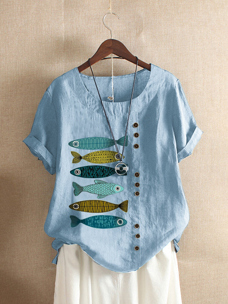 Best Fish Print Patched Casual Short Sleeve O-Neck Cotton T-shirt For Women