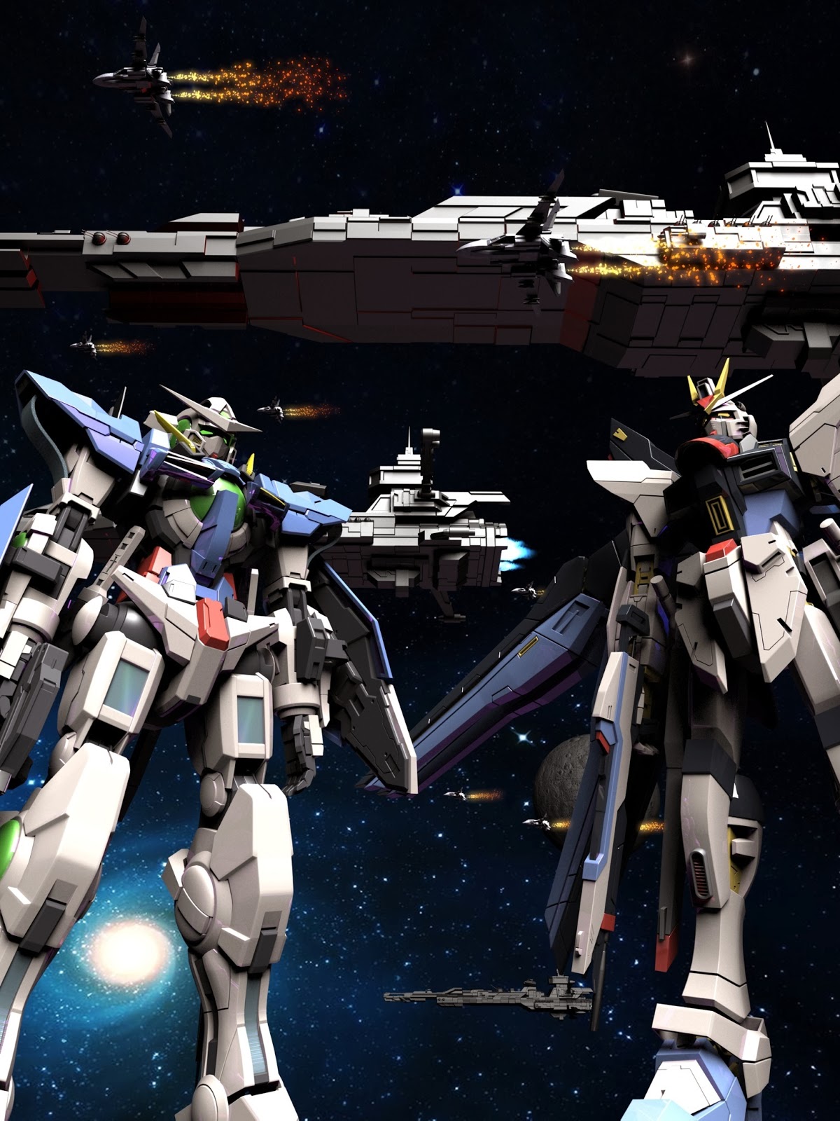 Strike Freedom Gundam VS Gundam OO X Gundam Exia Fanart