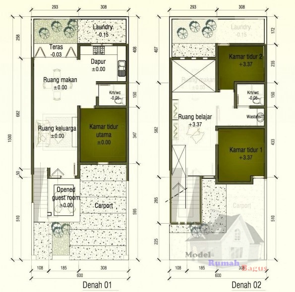 Denah Rumah 2 lantai Tipe 42 dengan Ruang Tamu Terbuka ~ Desain Rumah