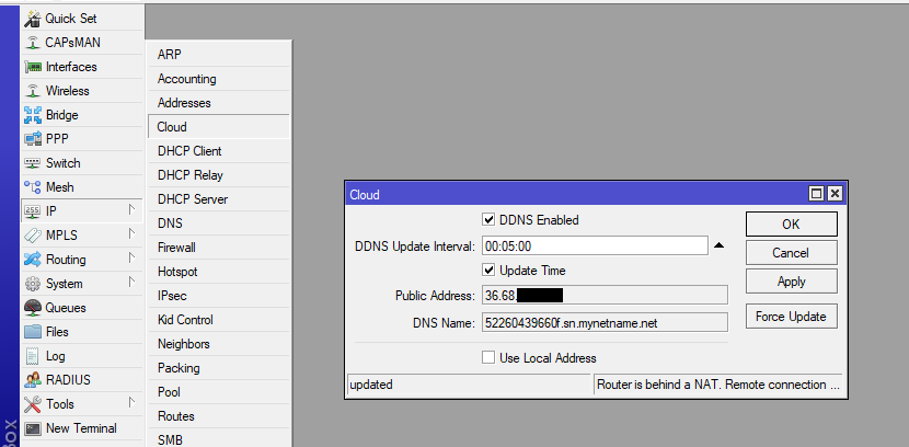 Kemudian kita masuk ke Winbox dan pergi ke IP -> Cloud, kemudian centang DDNS Enabled dan Update ...