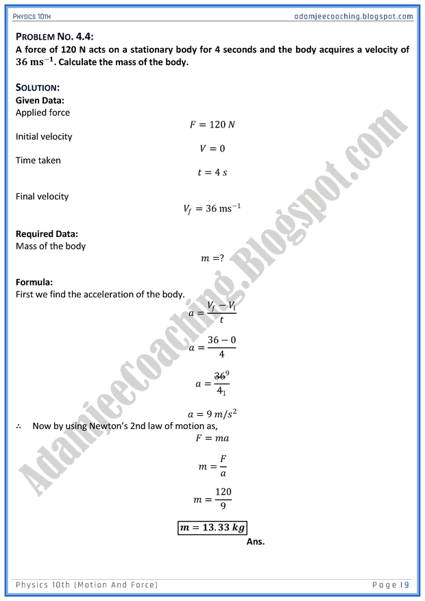 Adamjee Coaching: Motion and Force - Solved Numericals - Physics 10th