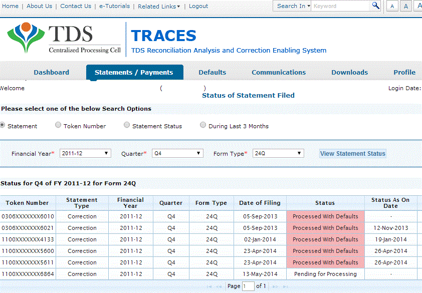 Tds Tax India: e-TDS : Statements Processed with Defaults or Processed ...