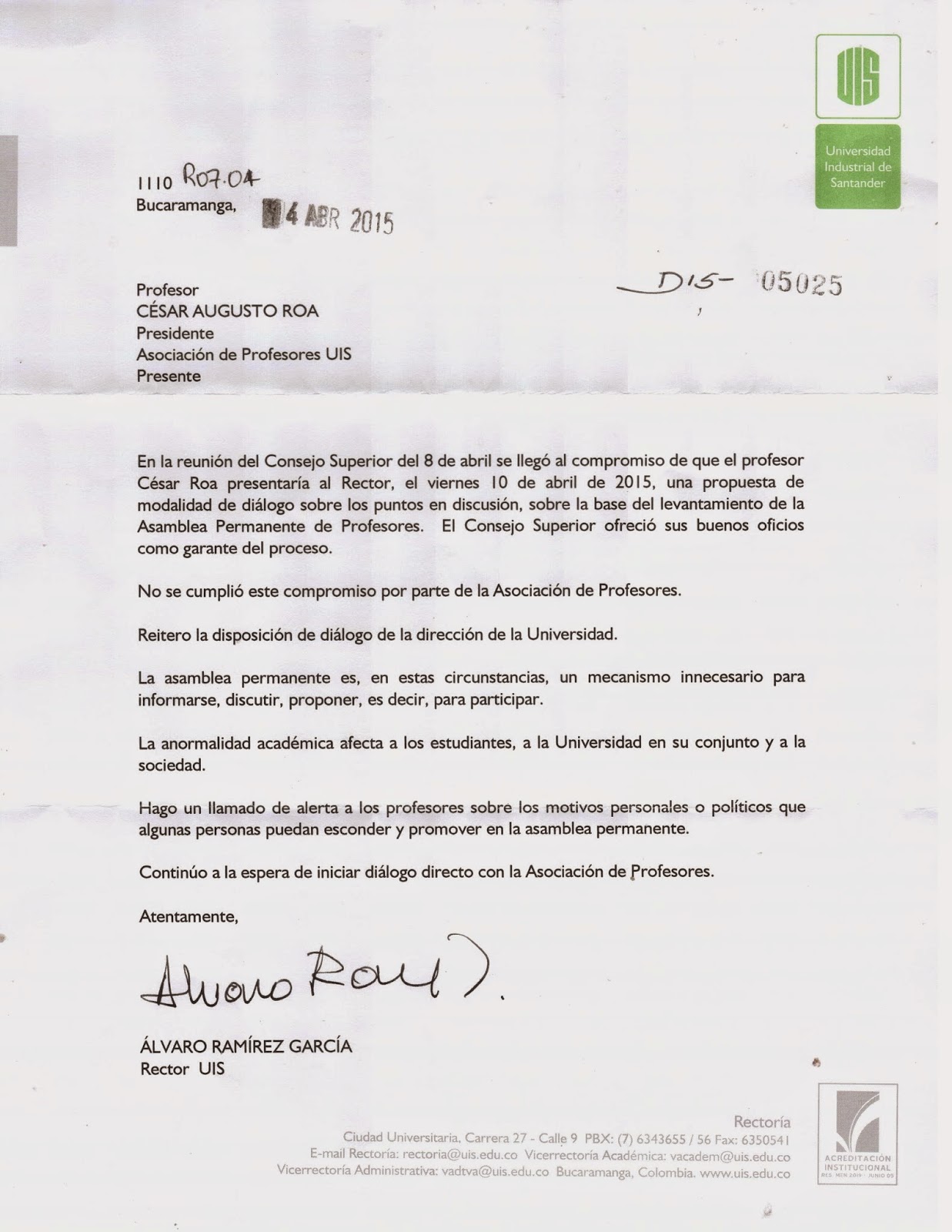Respuesta: Carta al rector ~ Asociación de Profesores UIS