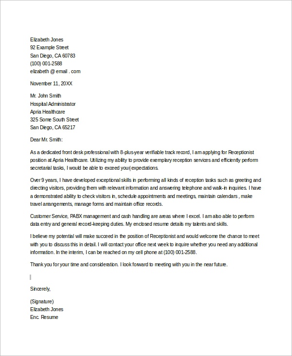 Cover Letter Examples For Medical Front Desk Receptionist Sample Letter Cover Letter Examples For Medical Front Desk Receptionist Sample Letter