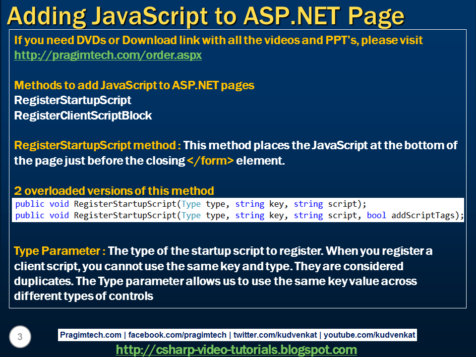 Sql server, .net and c# video tutorial: RegisterStartupScript and RegisterClientScriptBlock methods