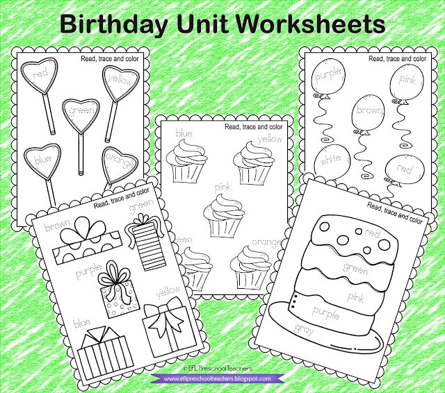 ESL/EFL Preschool Teachers: Birthday Unit Worksheets for Kindergarten ELL