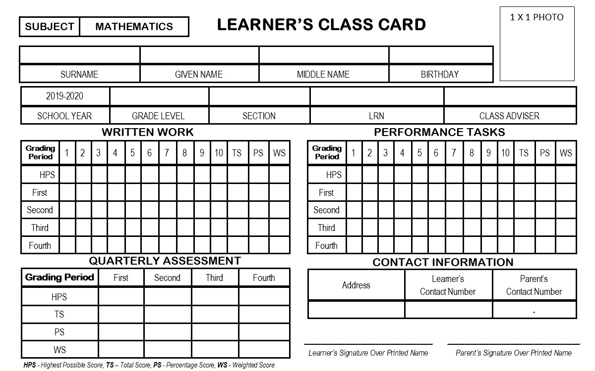 Editable LEARNER’S CLASS CARD for K-10 in Publisher Format