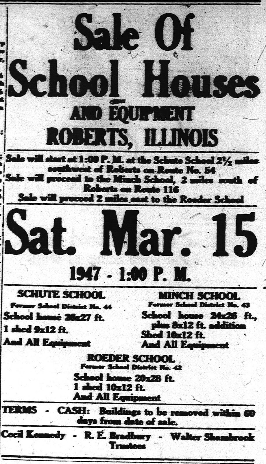 Roberts Illinois History: Sale of Schute, Minch and Roeder School Houses