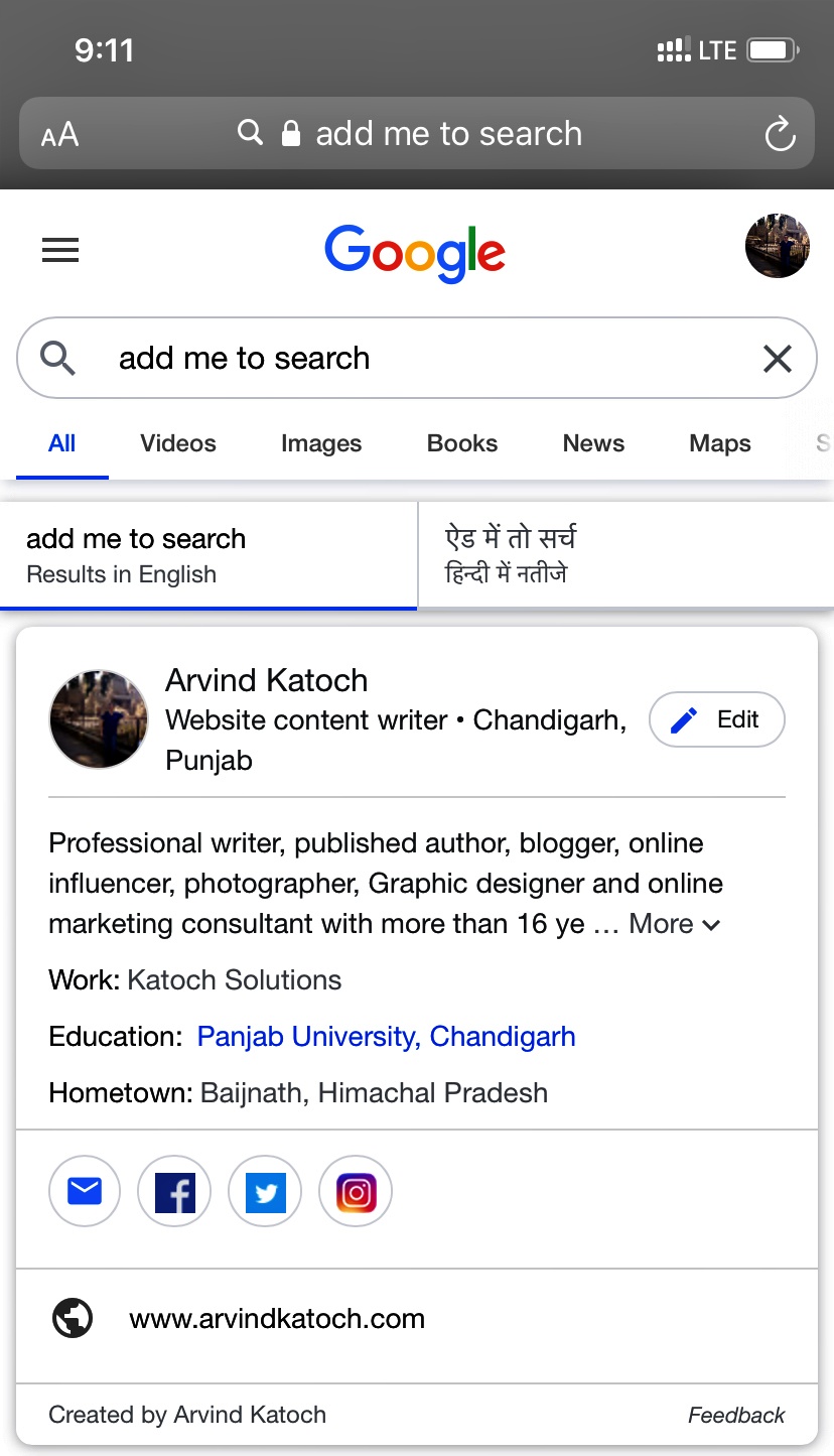 Now add yourself to Google Search with the help of 'Add me to Search ...