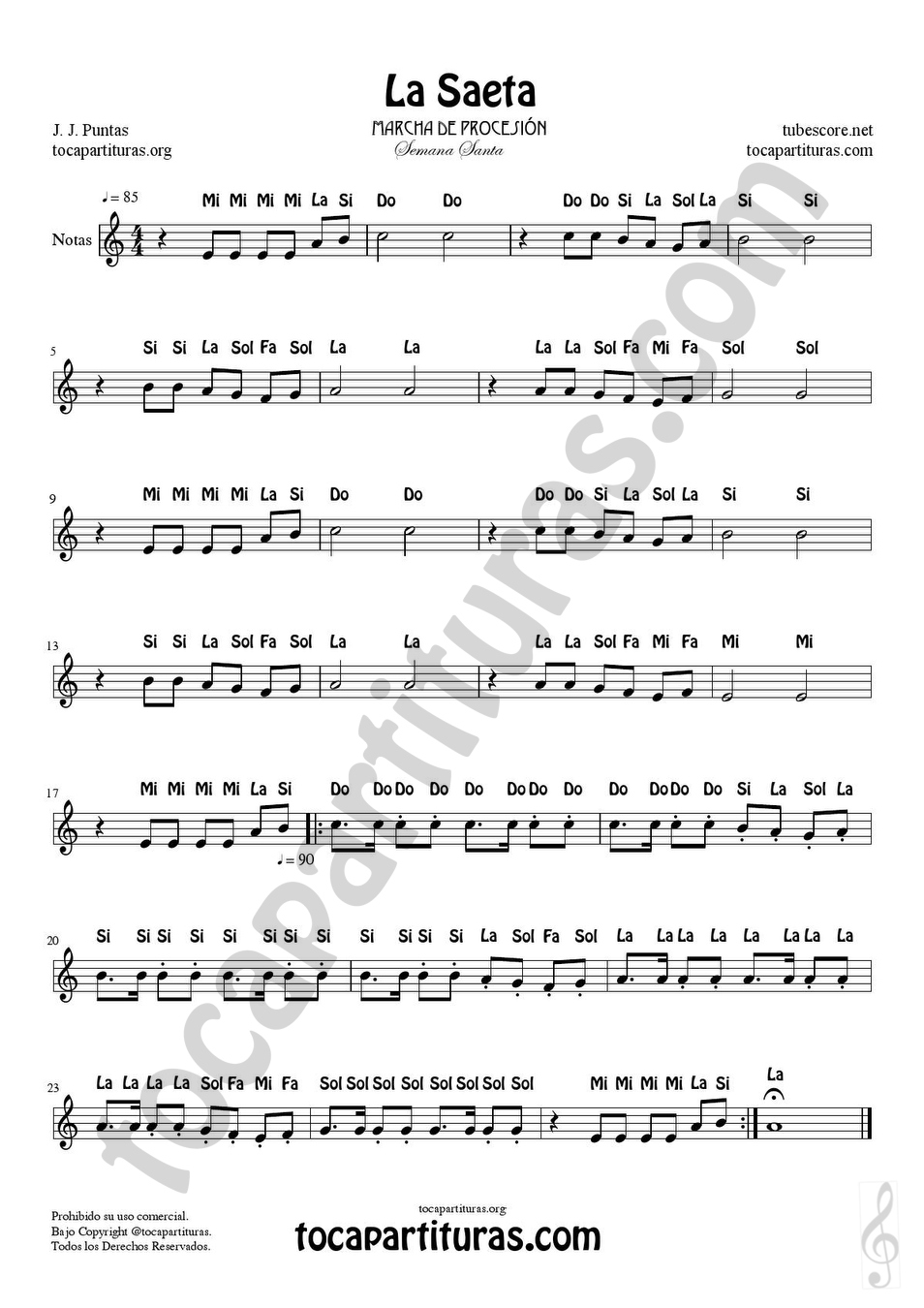 tocapartituras: La Saeta Partitura muy Fácil con Notas en Clave de Sol para Flauta Violin Oboe ...