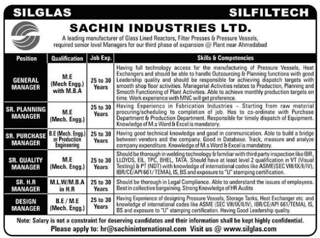 SACHIN INDUSTRIES LTD - Urgent Openings for General Manager / Sr. Planning Manager / Sr. Quality ...