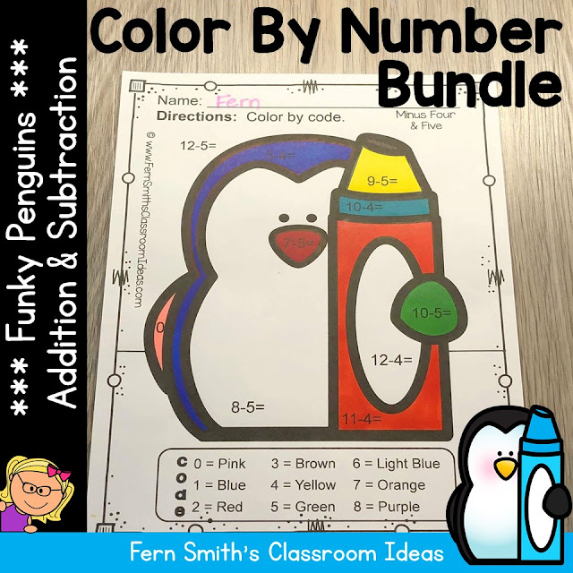 WINTER COLOR BY NUMBER FUNKY PENGUINS ADDITION, SUBTRACTION ...