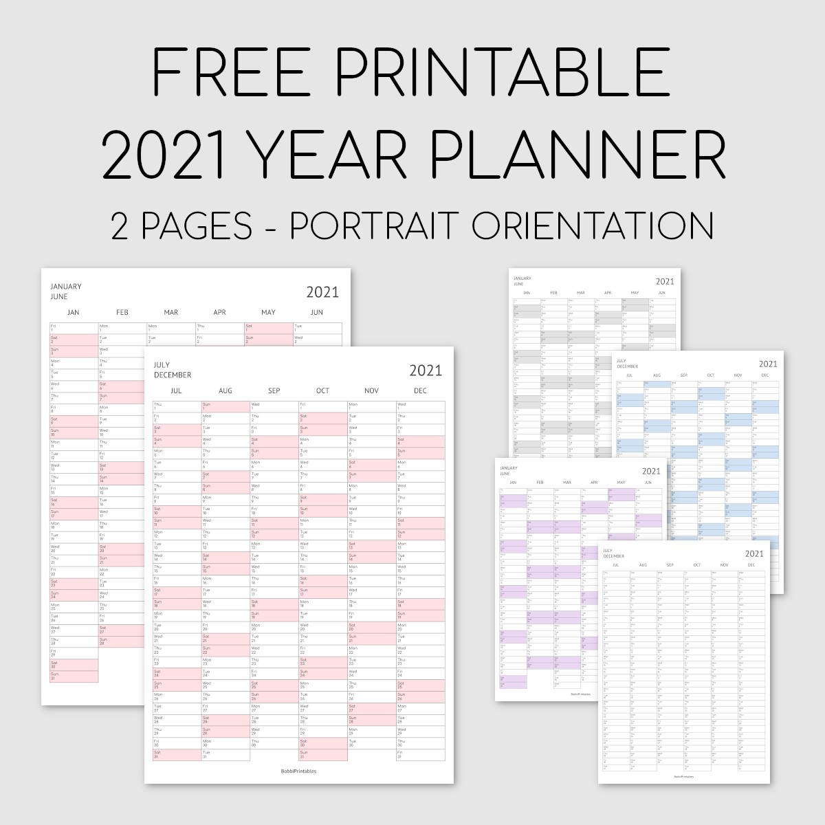 Printable 2021 Year Planner - 2 Pages - Portrait Orientation