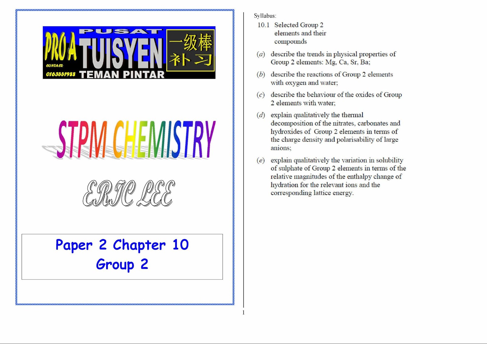 Pro A Tuition Centre: STPM Chemistry Term 2 (Chapter 10)