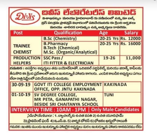 Divis Labs - Walk-In Drive for Freshers on 30th Sept' & 1st Oct' 2019 @ Kakinada & Tuni - JOB ...