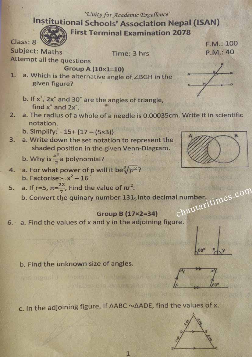 Class 8 Compulsory Mathematics ion Paper ISAN First Terminal Exam Class 8 Compulsory Mathematics ion Paper ISAN First Terminal Exam