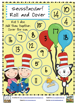 Classroom Freebies Too: Seusstacular! Roll and Cover (Adding 3 Numbers)