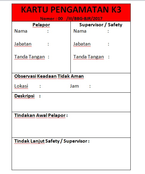 Contoh Form Kartu Pengamatan K3 - Lulusandiploma.com