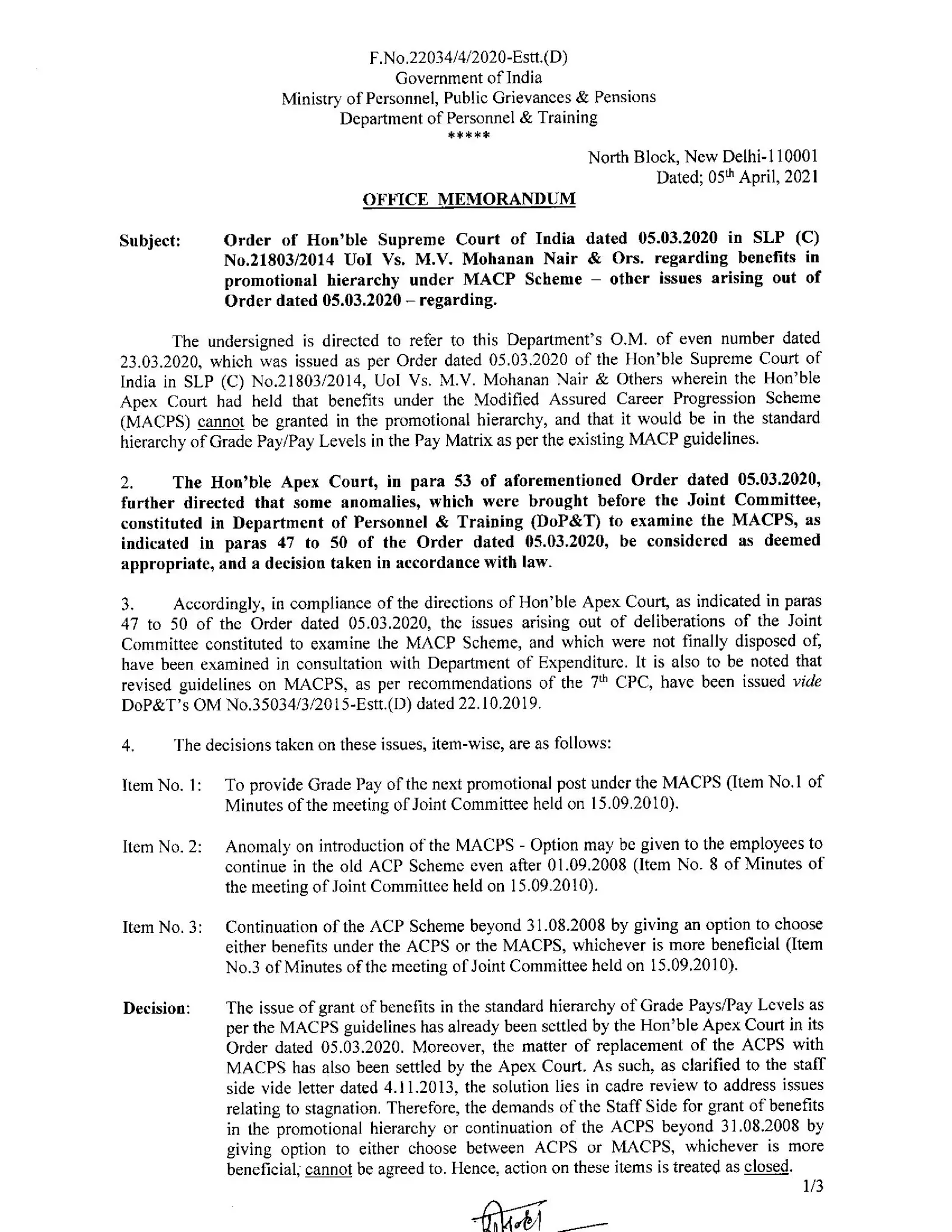 Order of Hon'ble Supreme Court of India dated 05.03.2020 in SLP(C) No 21803/2014 Uol Vs MV ...