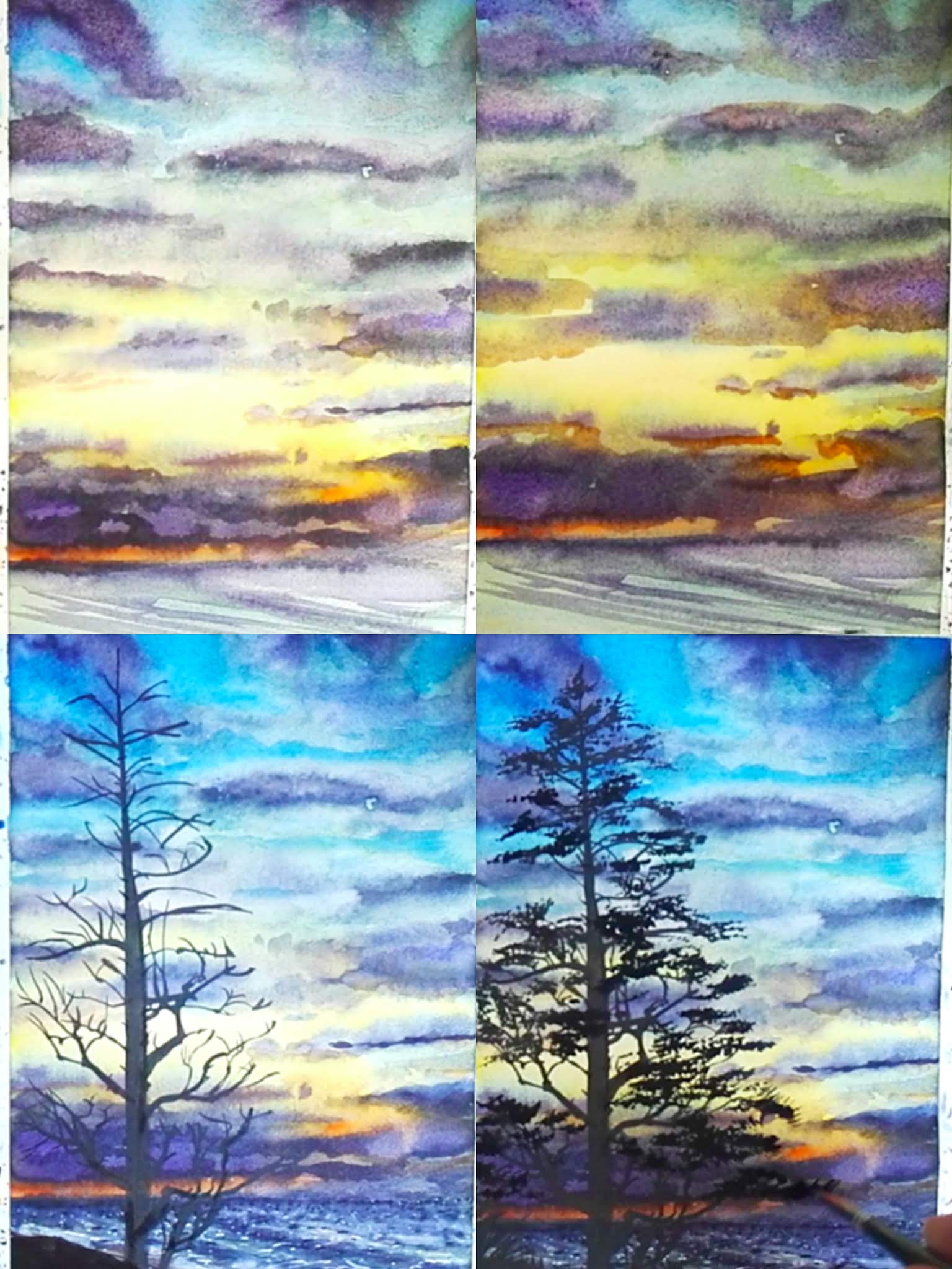 How to draw sunset landscape and pine trees step by step