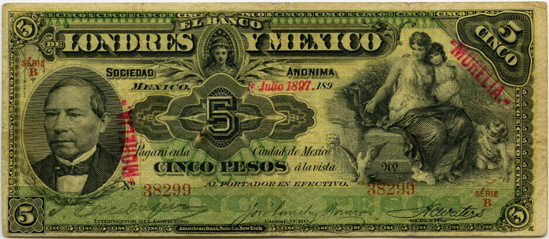 Mexican paper money 5 Pesos bank note 1897 El Banco de Londres y Mexico ...