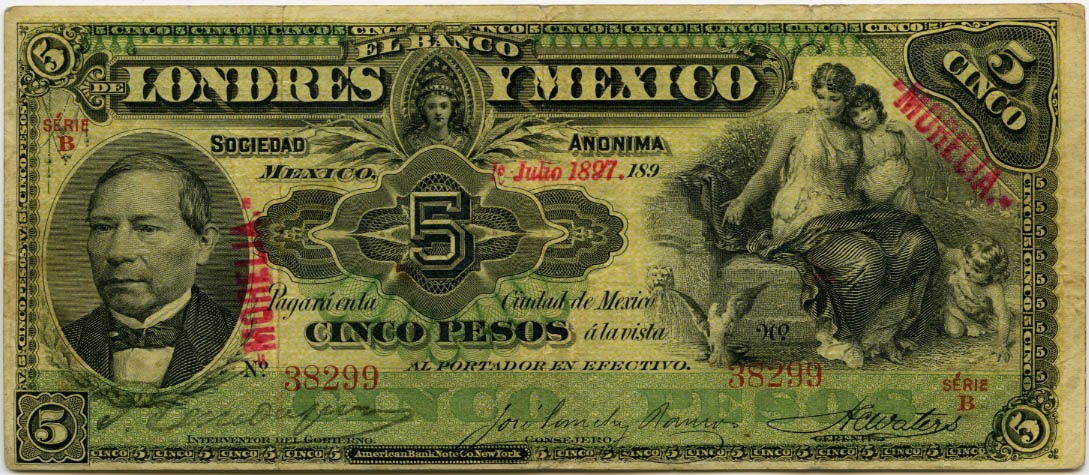 Mexican paper money 5 Pesos bank note 1897 El Banco de Londres y Mexico ...