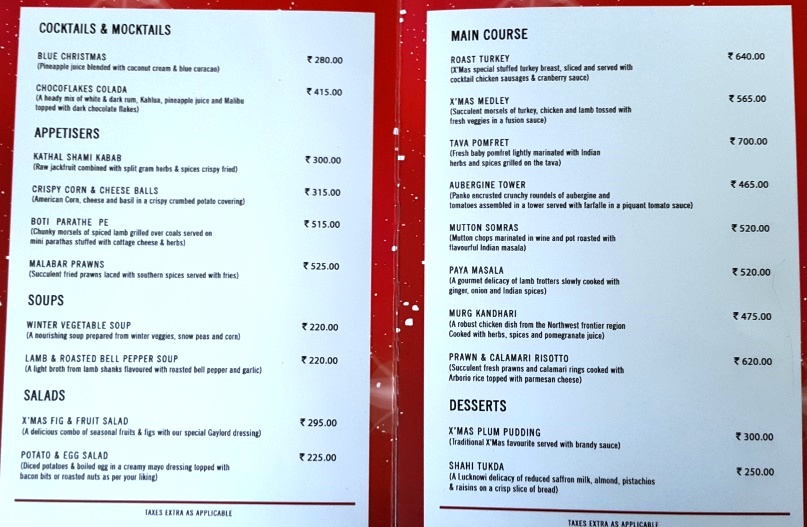 Grubzon - A Gourmet Voyage: Christmas menu at Gaylord's - Churchgate ...