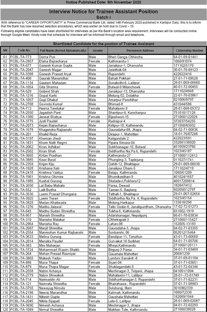 Notice from Prime Commercial Bank