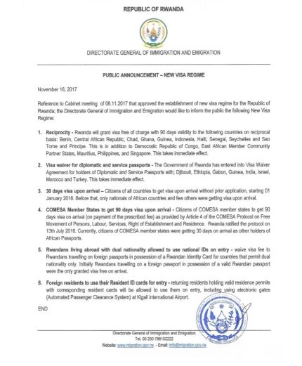 VISA ON ARRIVAL OFFERED BY THE REPUBLIC OF RWANDA FOR HOLDERS OF THE U ...