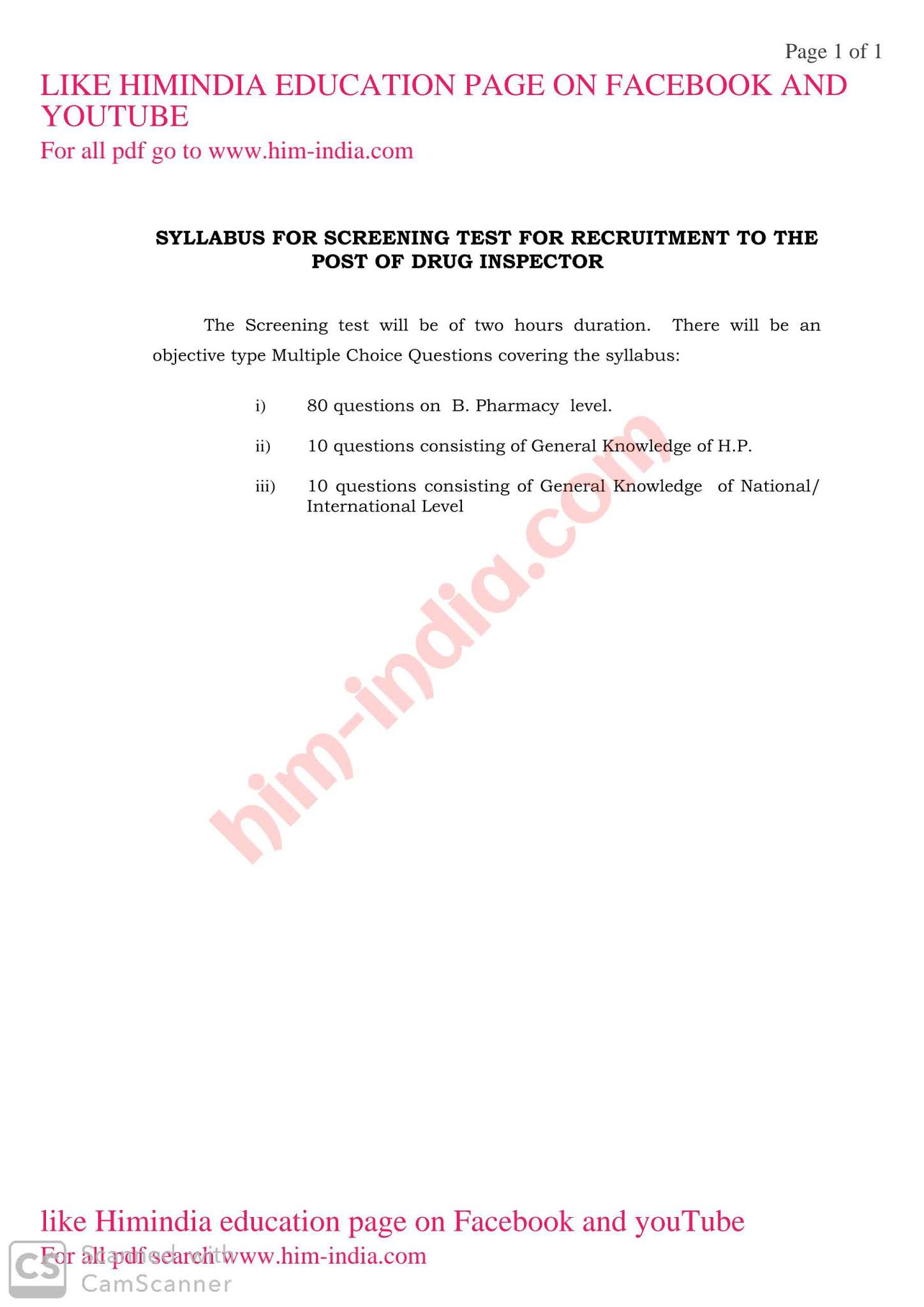 HPPSC Drug Inspector previous paper and syllabus
