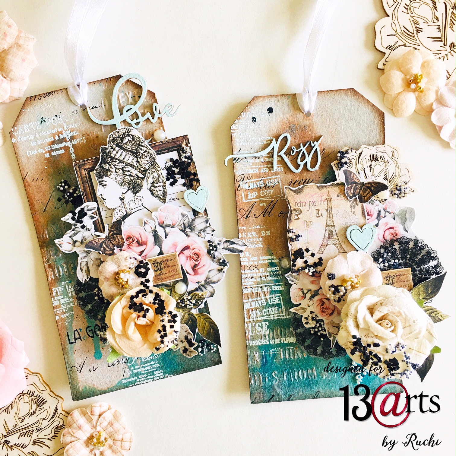 13 arts: 'Rosy Love'- A Set Of Mixed Media Tags by Ruchi Agarwal