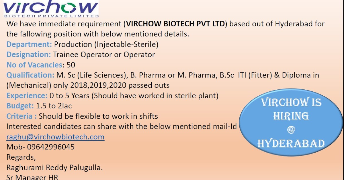JOB ALERTS HUB: 145 Openings @ VIRCHOW BIOTECH PVT. LTD - Immediate ... JOB ALERTS HUB: 145 Openings @ VIRCHOW BIOTECH PVT. LTD - Immediate ...