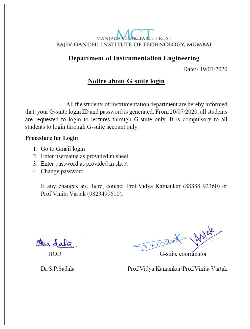 Instrumentation Engineering,MCT's RGIT,Mumbai: G-suite Login notice to ...