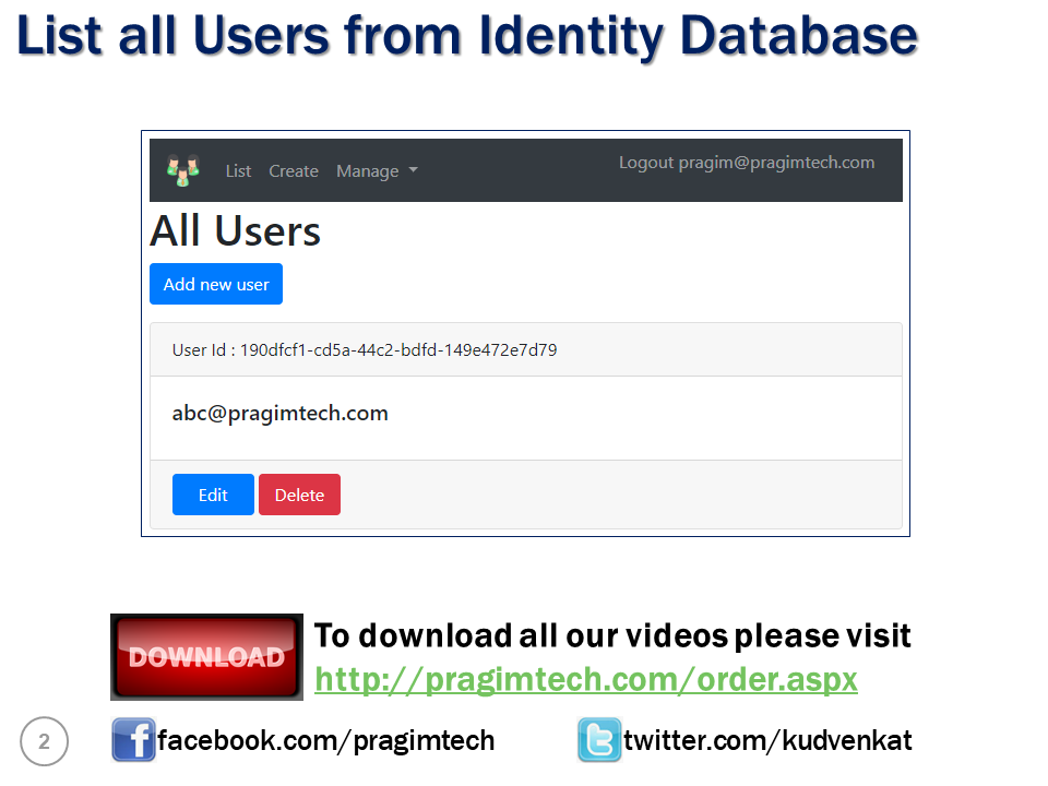 Sql server, .net and c# video tutorial: List all users from asp.net core identity database - Slides