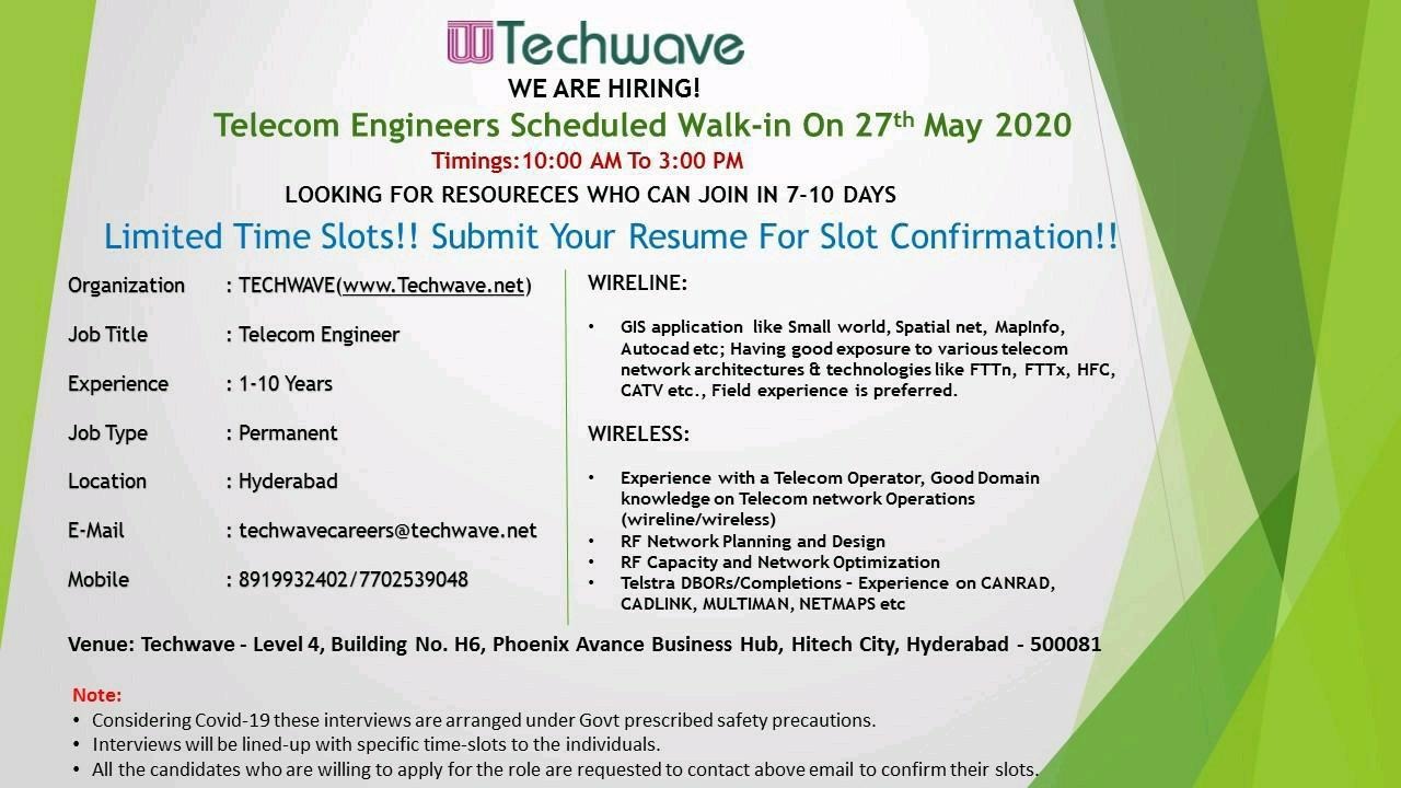 Techwave - Scheduled Walk-In for Telecom Engineers on 27th May' 2020 ...