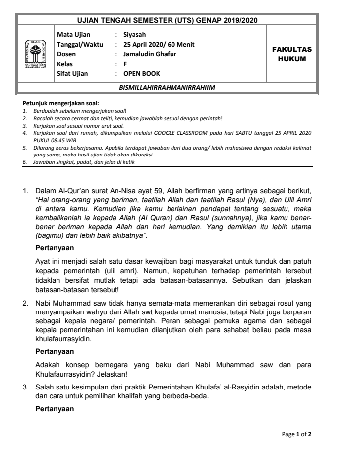 Kumpulan Soal UTS-UAS FH UII