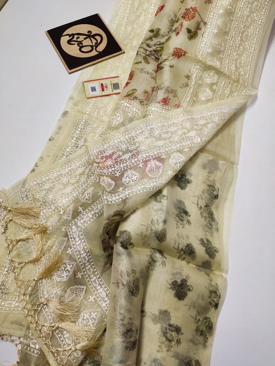 Organza floral chicken work sarees