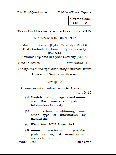 OSPU CSP Information Security Dec 2019 Question Paper - University ...
