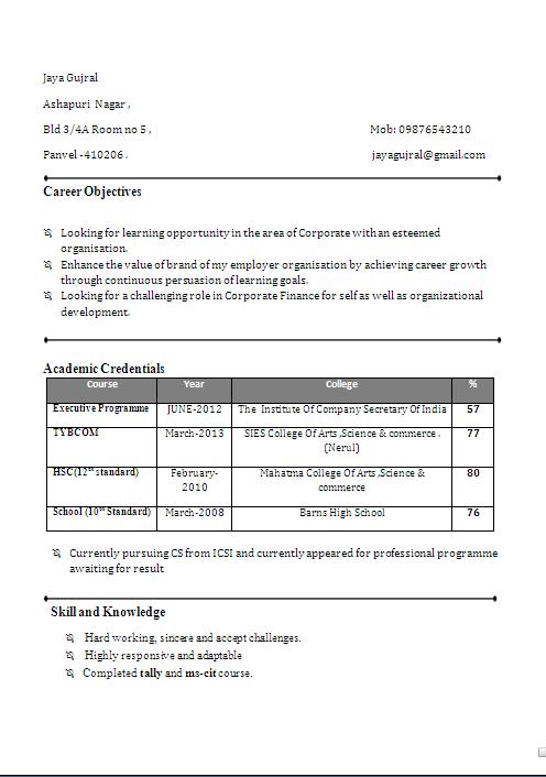 TY BCom with CS Fresher Resume Format in Word