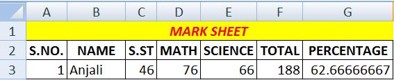 MS Excel Mark sheet