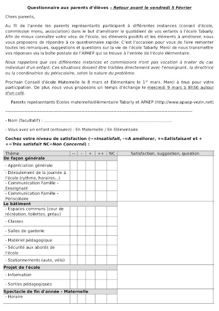 Questionnaire aux parents d'élèves - retour avant le vendredi 5 février