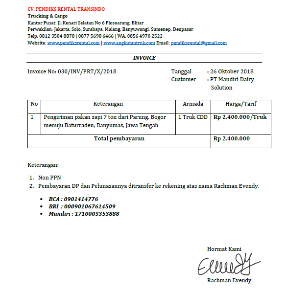 Contoh Invoice Jasa - Rental Mobil, Angkutan, Travel dan lainnya - RACHEVE