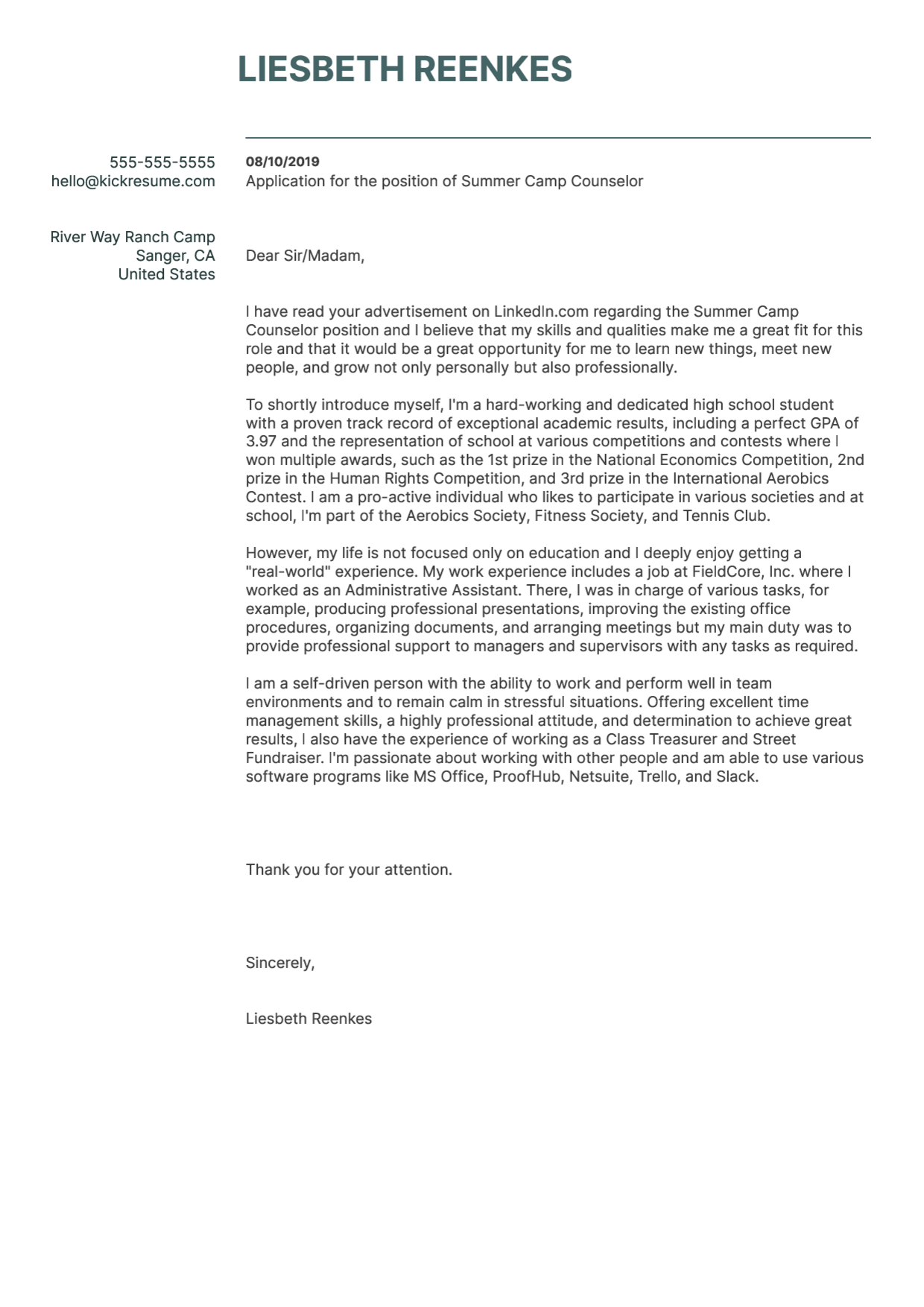Cover Letter Template For High School Students ~ Resume Letter