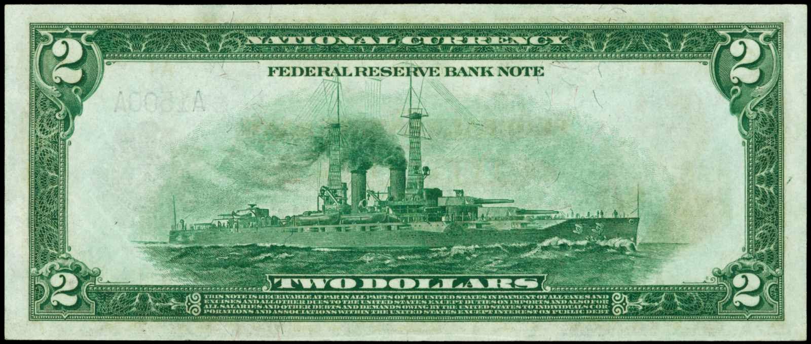 1918 Battleship 2 Dollar Bill Federal Reserve Bank Note Boston|World ...
